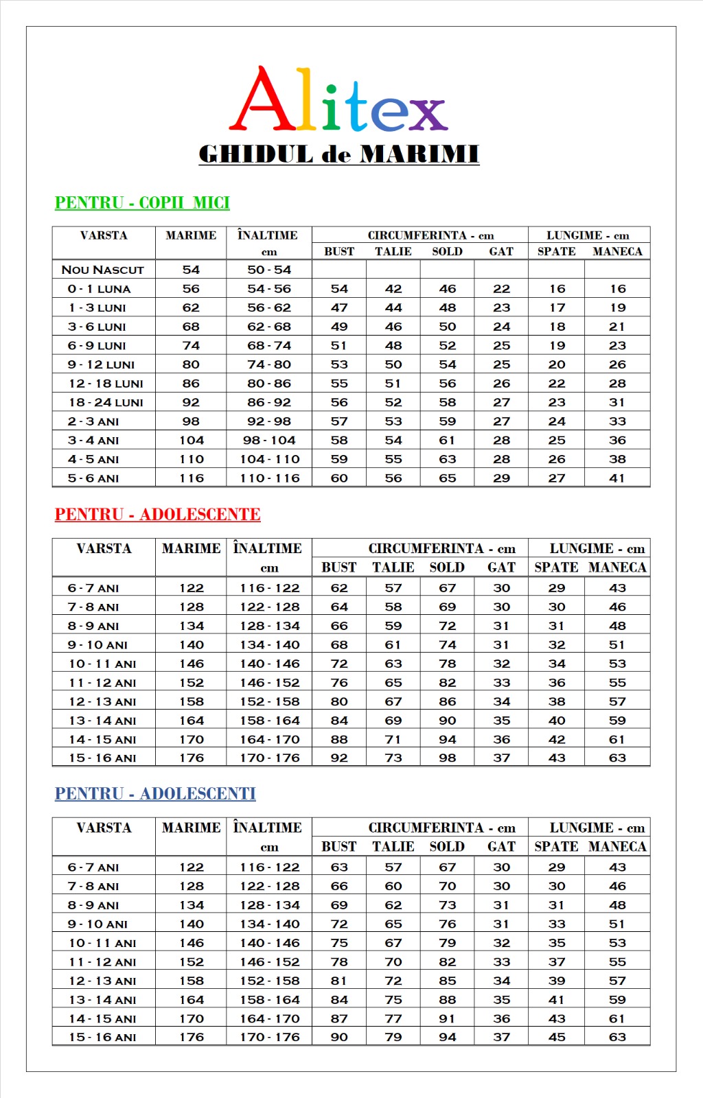 Ghidul de marimi - Alitex.ro
